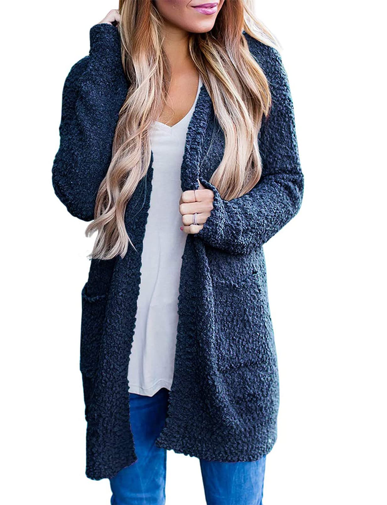MEROKEETY Women's 2024 Winter Long Sleeve Soft Chunky Knit Sweater Open Front Cardigan Outwear Coat Navy