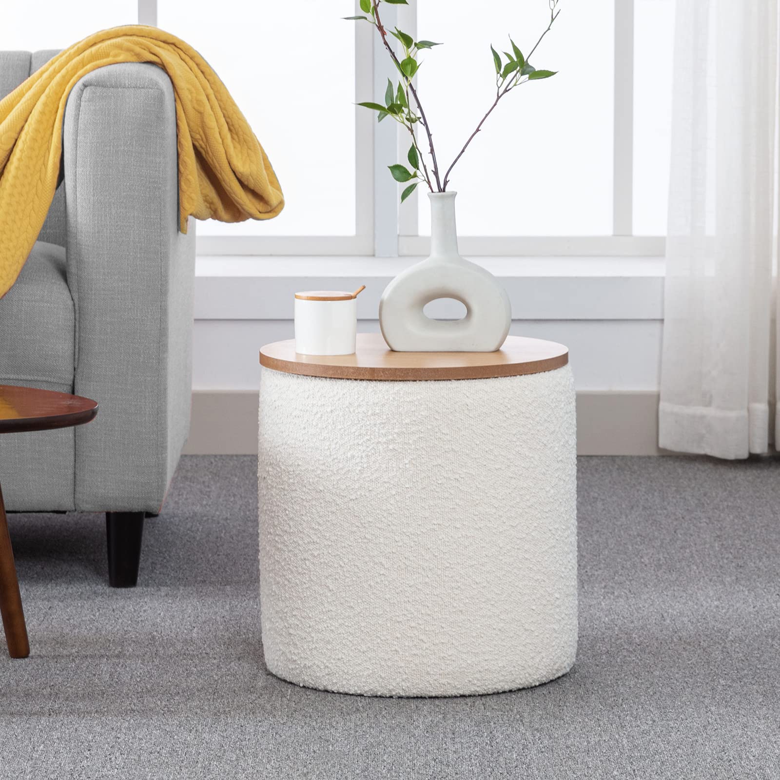 ONEVOG Beige Storage Ottoman with Wooden Lid, Tufted Boucle Fabric, Round Side Table Pouf, Small Vanity Seat Stool, Storage Footstool Chair for Living Room, Bedroom