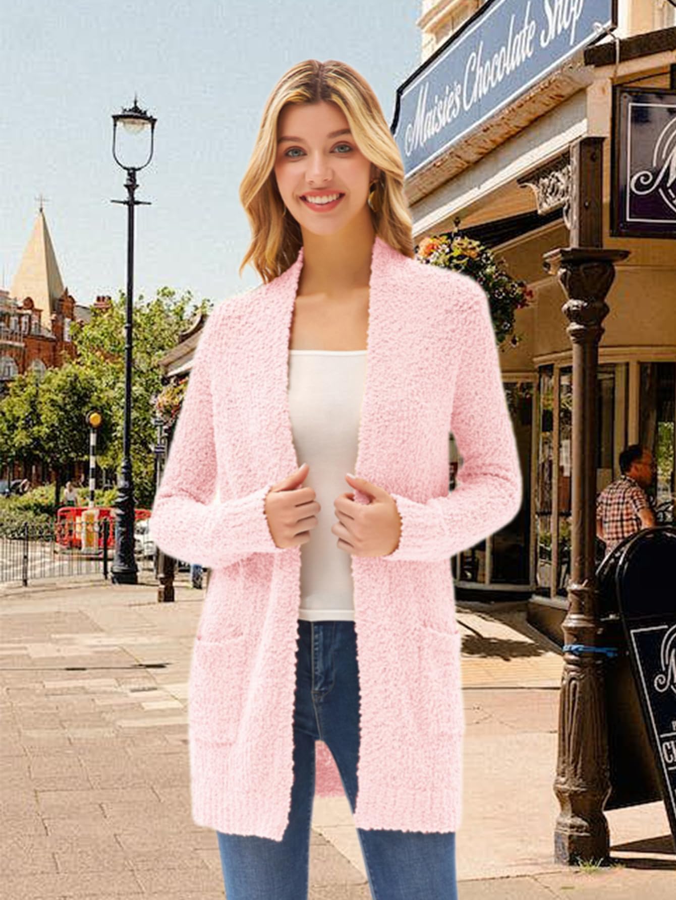 GRACE KARIN Long Cardigan Sweater for Women Fuzzy Chunky Knit Pink Sweater Soft Fleece Popcorn Cardigan Light Pink L