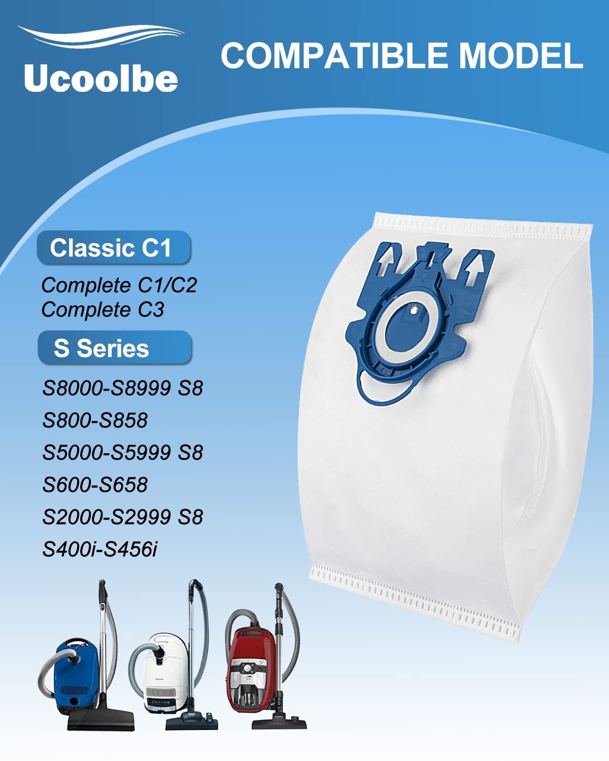 Ucoolbe GN 3D Vacuum Cleaner Bags Replacement for Miele GN Airclean Classic C1 Complete C1 C2 C3 S227 S240 S270 S400 S2 S5 S8 Series Includes 3D GN Dust Bags 6 Pack with 2 Pairs Filters
