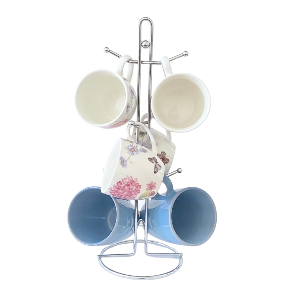 Evelots Countertop Coffee Mug/Teacup Organizer Stand/Rack/Tree-Hooks Hold 6 Large Mugs-Modern Chrome Finish-Coffee Bar Accessory