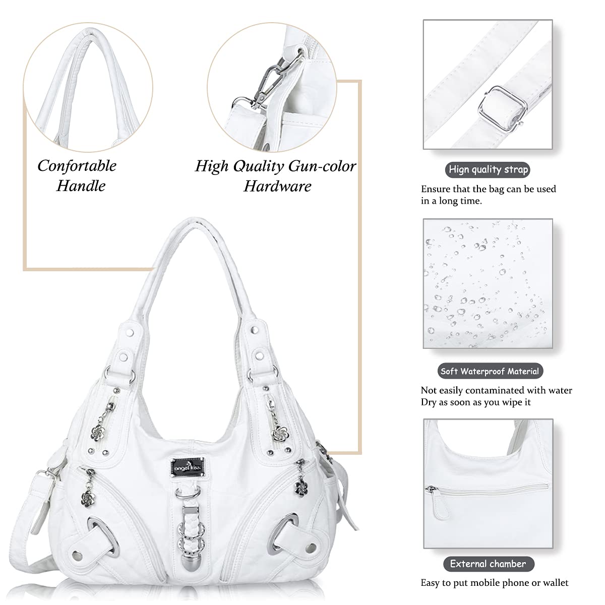 Angelkiss Women Multiple Pockets Purses and Handbags Washed Leather, Two Top Zippers Closure, White