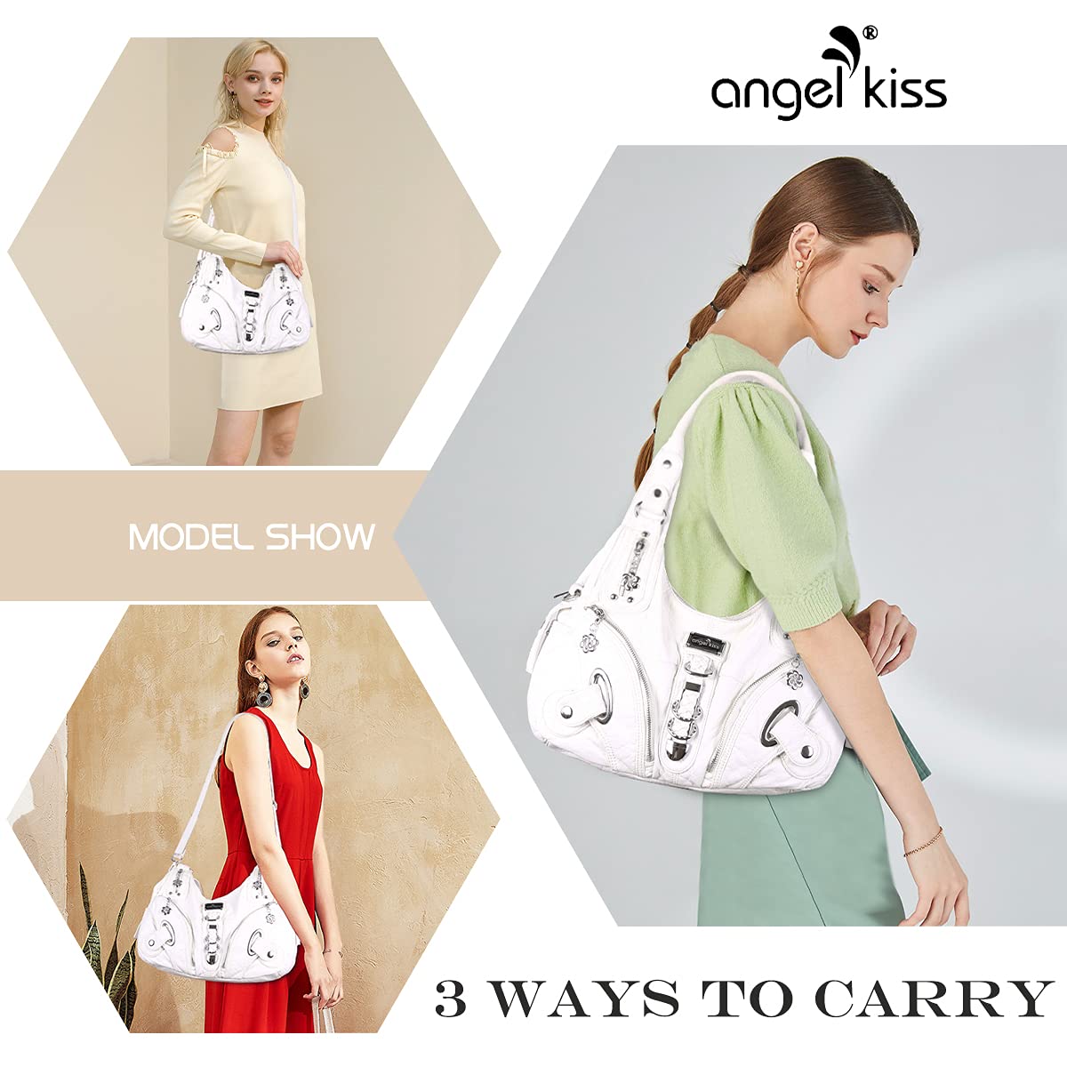 Angelkiss Women Multiple Pockets Purses and Handbags Washed Leather, Two Top Zippers Closure, White