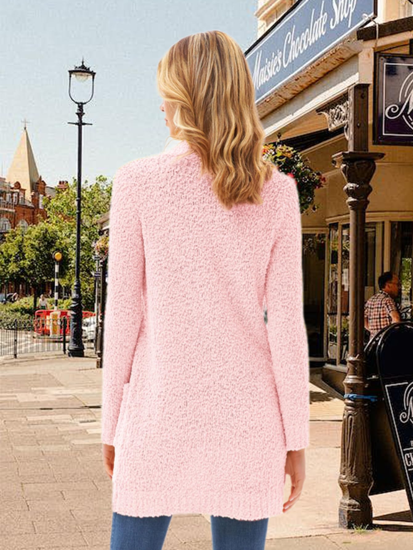 GRACE KARIN Long Cardigan Sweater for Women Fuzzy Chunky Knit Pink Sweater Soft Fleece Popcorn Cardigan Light Pink L