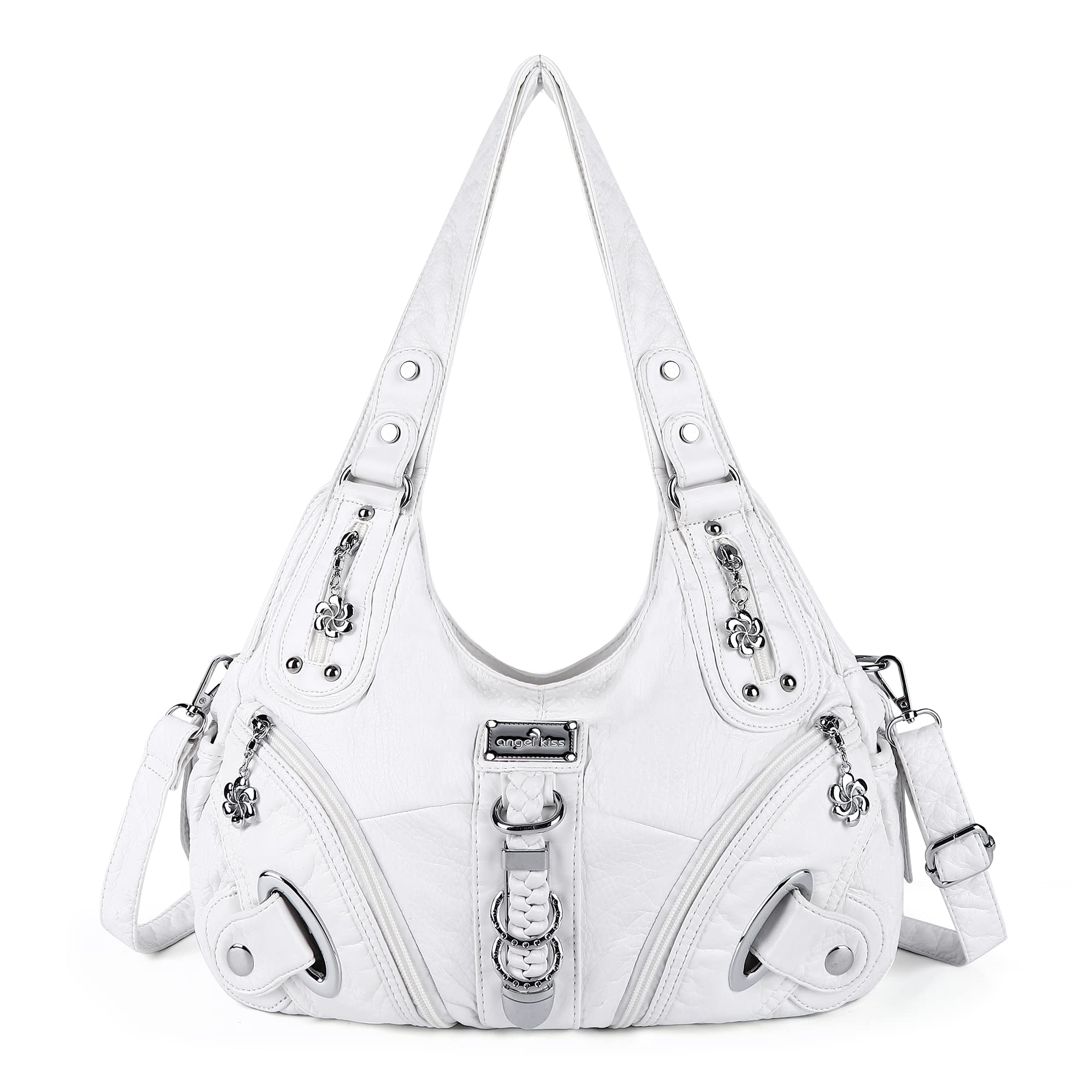 Angelkiss Women Multiple Pockets Purses and Handbags Washed Leather, Two Top Zippers Closure, White