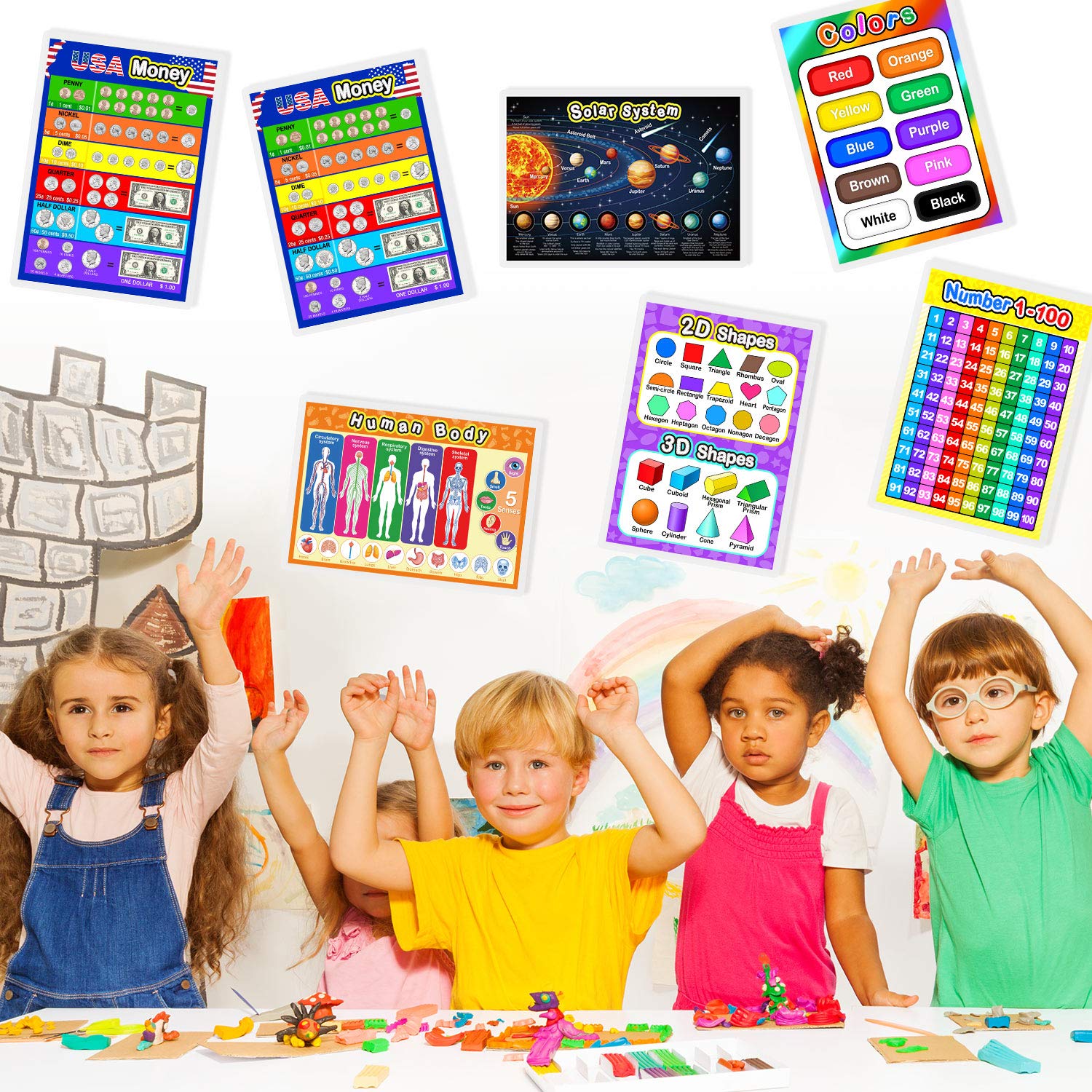Outus 2 Pcs Number Chart 1-100 Money Poster Preschool Educational Posters Kids Toddlers Learning Supplies Laminated Currency Chart for Nursery Home School Pre-k Kindergarten Classroom Back to School