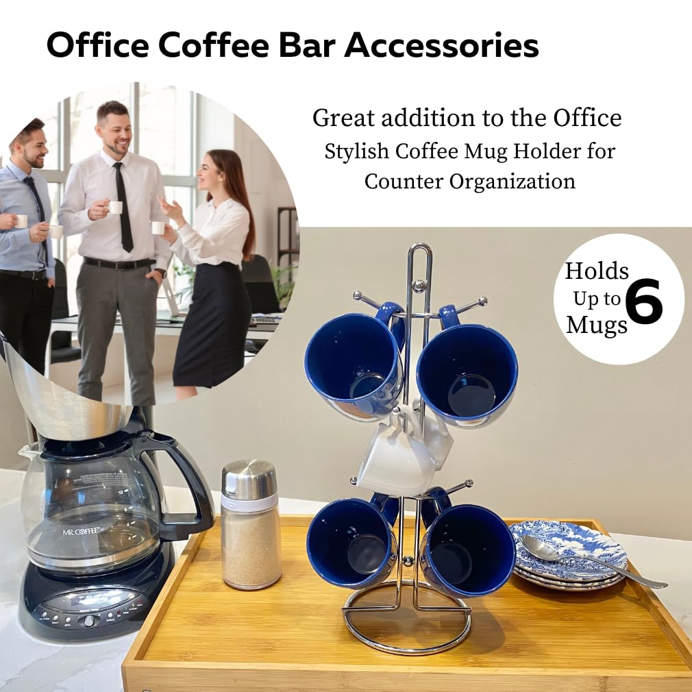 Evelots Countertop Coffee Mug/Teacup Organizer Stand/Rack/Tree-Hooks Hold 6 Large Mugs-Modern Chrome Finish-Coffee Bar Accessory