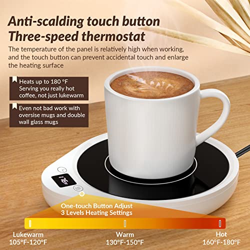 Mug Warmer, Upgrade Coffee Warmer & Cup Warmer for Desk with 3 Temperature Settings, More Hot Coffee Mug Warmer with Timer & 4H Auto Shut Off for Keep Best Flavor for Cocoa, Tea, Water, Milk