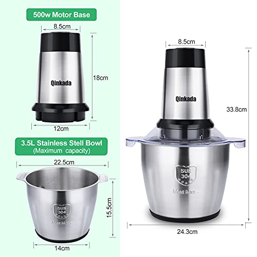 Electric Meat Grinder, Qinkada 500W Food Processor 3.5L Chopping Meat, 14Cup Large Stainless Steel Electric Food Chopper with 4 Sharp Blades 3 Rotating Speed Levels and Spatula