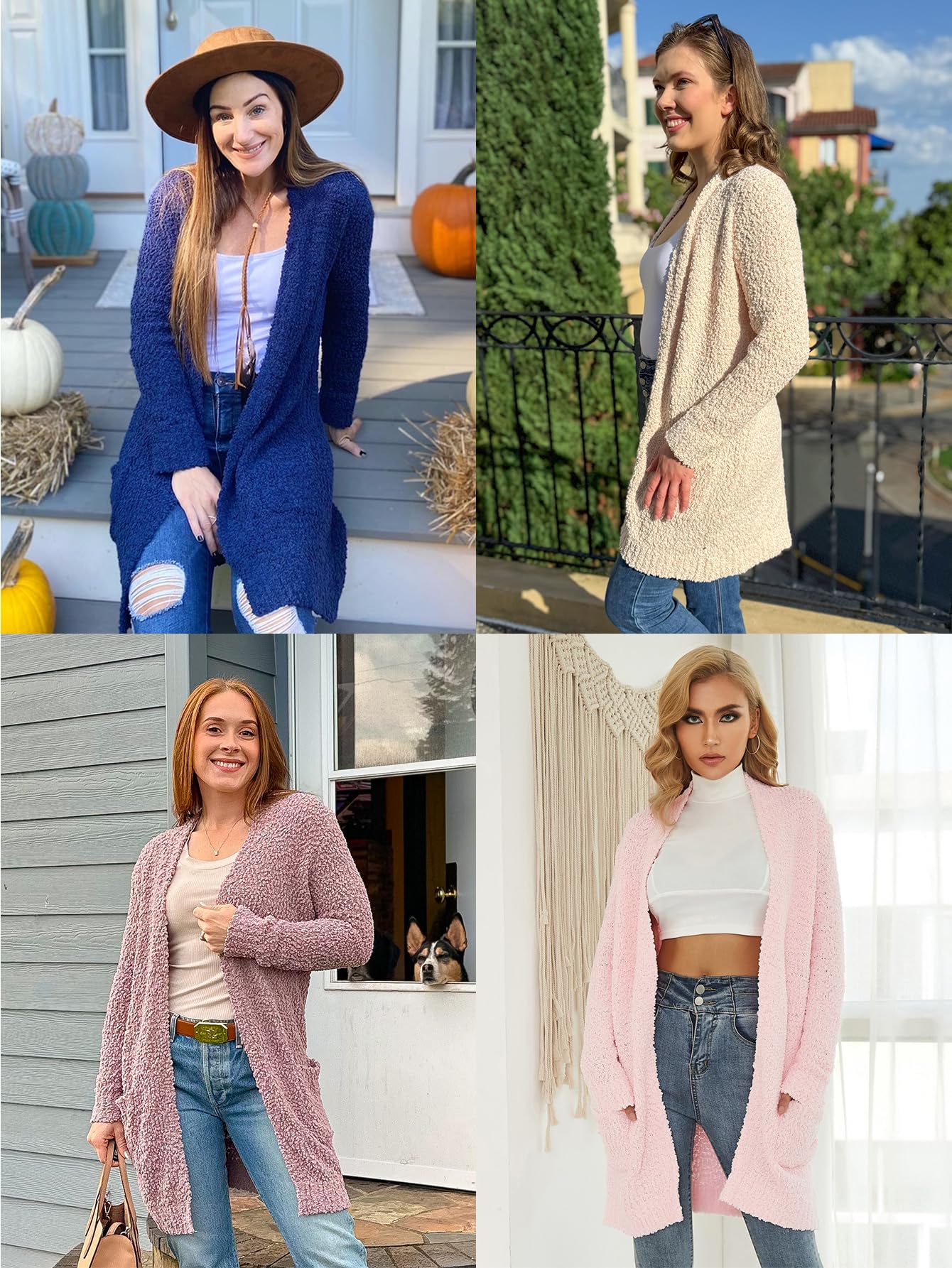 GRACE KARIN Long Cardigan Sweater for Women Fuzzy Chunky Knit Pink Sweater Soft Fleece Popcorn Cardigan Light Pink L