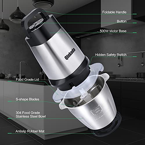 Electric Meat Grinder, Qinkada 500W Food Processor 3.5L Chopping Meat, 14Cup Large Stainless Steel Electric Food Chopper with 4 Sharp Blades 3 Rotating Speed Levels and Spatula
