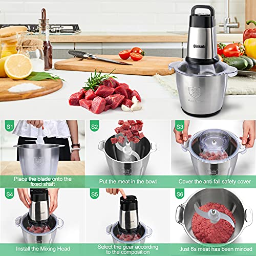 Electric Meat Grinder, Qinkada 500W Food Processor 3.5L Chopping Meat, 14Cup Large Stainless Steel Electric Food Chopper with 4 Sharp Blades 3 Rotating Speed Levels and Spatula