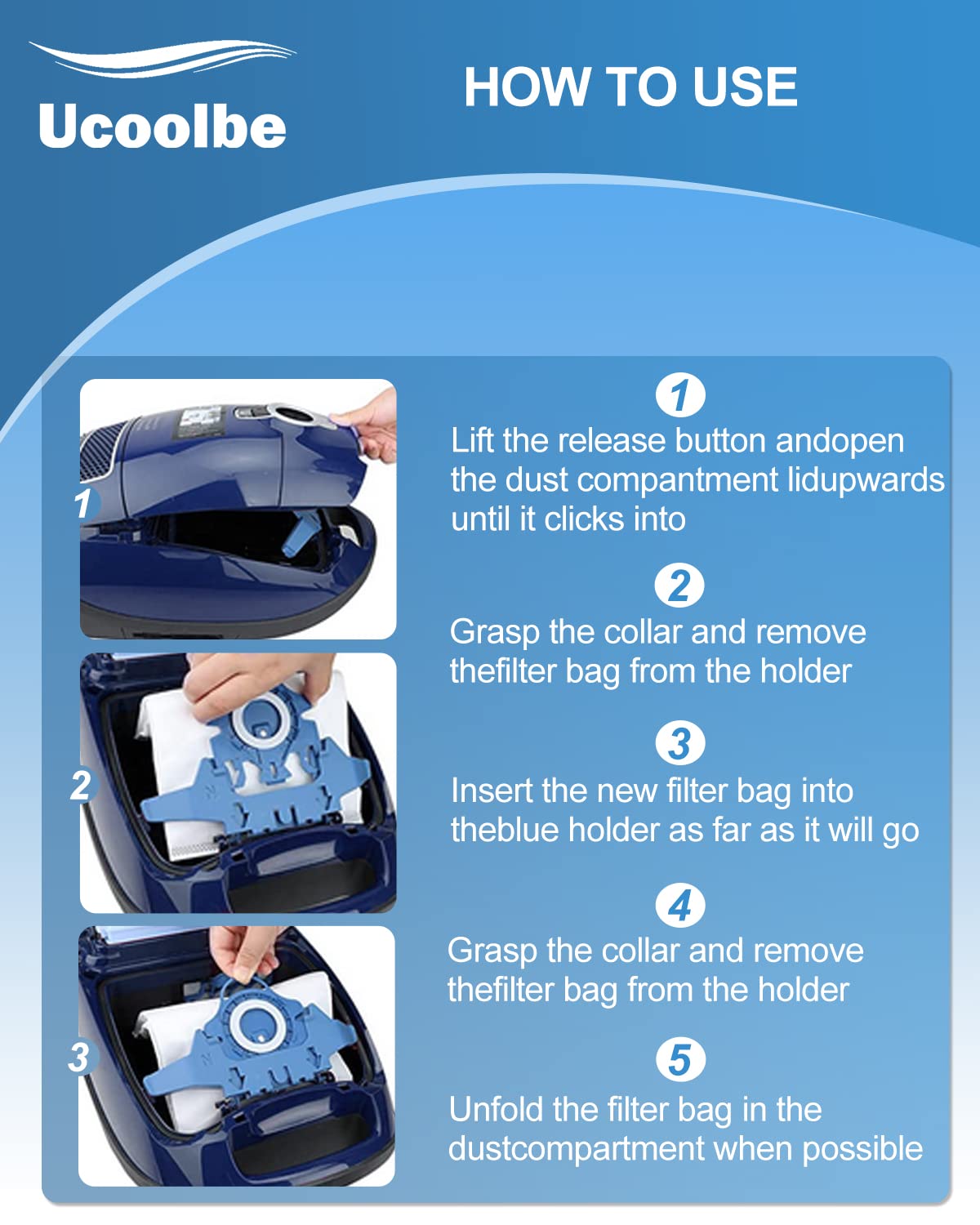 Ucoolbe GN 3D Vacuum Cleaner Bags Replacement for Miele GN Airclean Classic C1 Complete C1 C2 C3 S227 S240 S270 S400 S2 S5 S8 Series Includes 3D GN Dust Bags 6 Pack with 2 Pairs Filters
