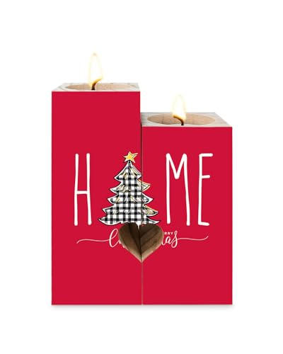 Red Christmas Candle Holder with Tea Light,Vintage Wood Tealight Candle Stick Holder Pillar Centerpiece,Heart-Shaped Tall Wooden Tea Light Candle Holders Decor Set Farmhouse Buffalo Plaid Check Black