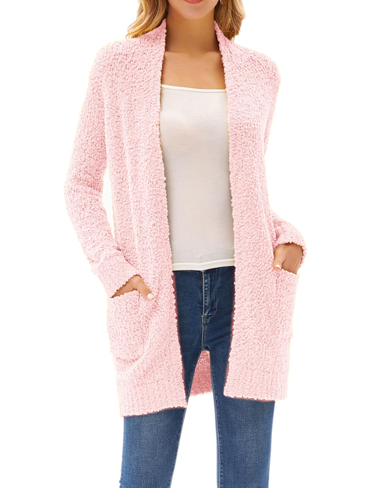 GRACE KARIN Long Cardigan Sweater for Women Fuzzy Chunky Knit Pink Sweater Soft Fleece Popcorn Cardigan Light Pink L