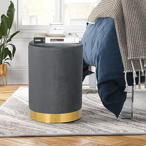 Adeco 11.61" Round Velvet Ottoman with Gold Metal Base, Upholstered Makeup Vanity Chair Soft Compact Padded Foot Rest Stool, Boucle Stool for Living Room Bedroom (Cement Grey)