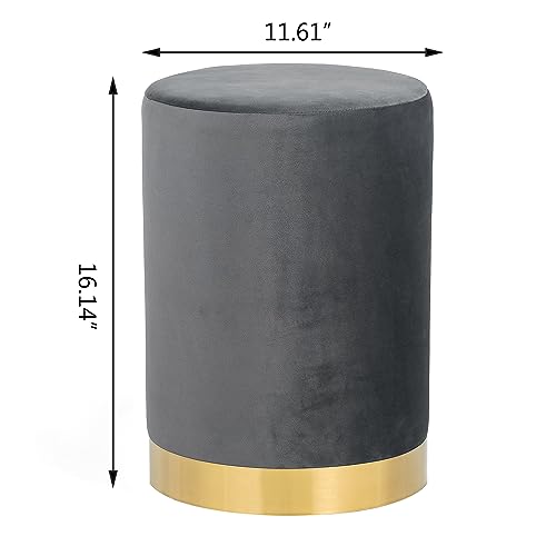 Adeco 11.61" Round Velvet Ottoman with Gold Metal Base, Upholstered Makeup Vanity Chair Soft Compact Padded Foot Rest Stool, Boucle Stool for Living Room Bedroom (Cement Grey)