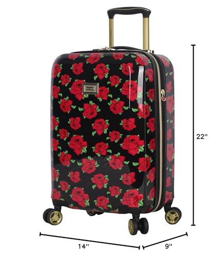 Betsey Johnson Designer 20 Inch Carry On - Expandable (ABS + PC) Hardside Luggage - Lightweight Durable Suitcase With 8-Rolling Spinner Wheels for Women (Covered Roses)