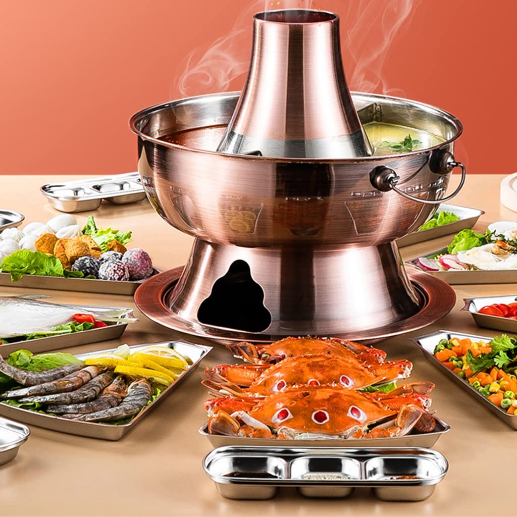 Chafing Dishes Old Beijing Copper Hot Pot Wooden Charcoal Pure Copper Old-fashioned Hot Pot Household Extra Thick Copper Pot Shabu Shabu Outdoor (Color : Brass, Size : 28cm)