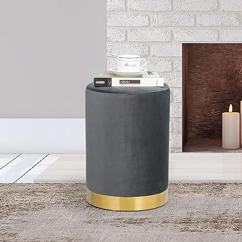 Adeco 11.61" Round Velvet Ottoman with Gold Metal Base, Upholstered Makeup Vanity Chair Soft Compact Padded Foot Rest Stool, Boucle Stool for Living Room Bedroom (Cement Grey)