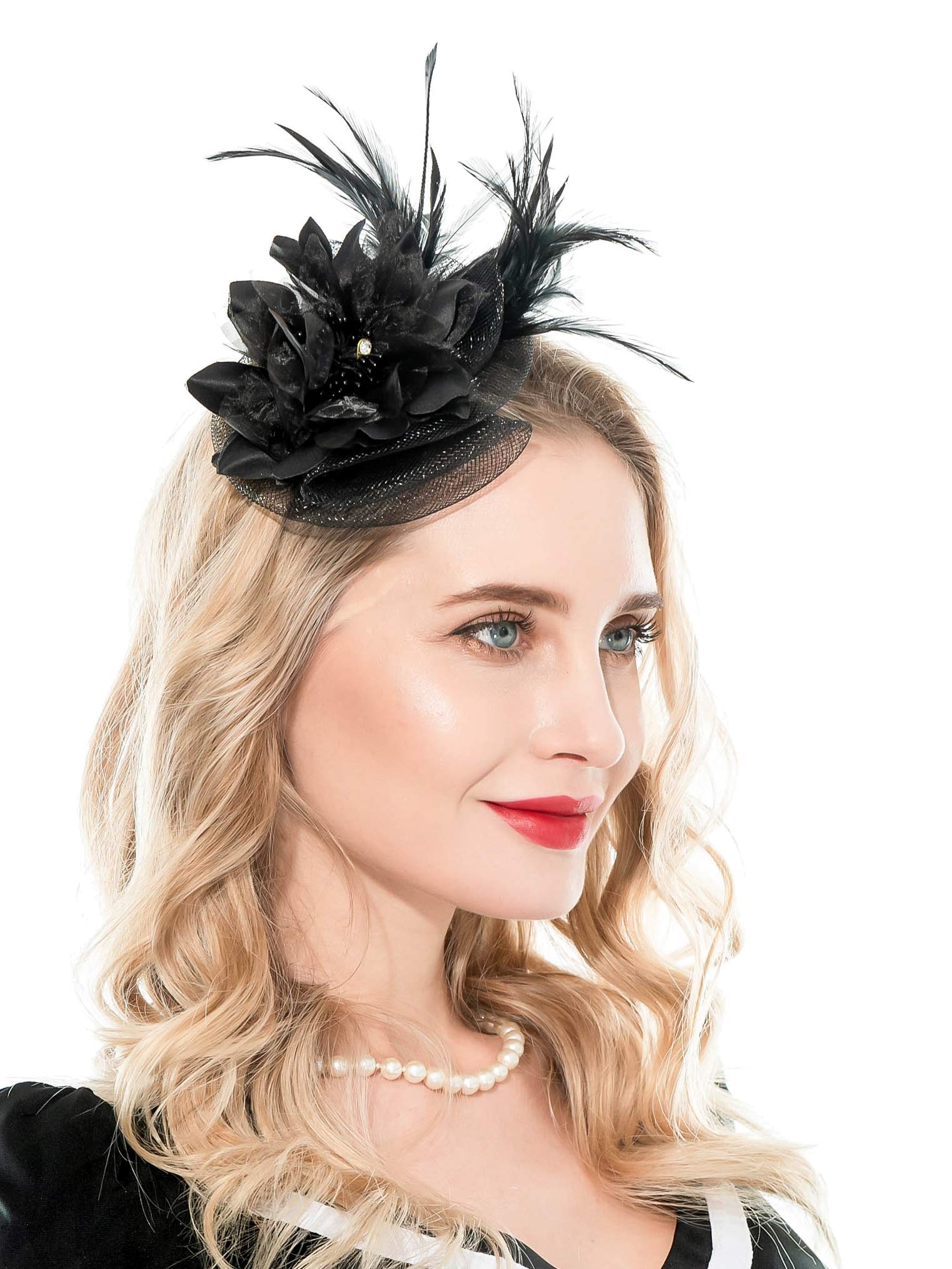Zivyes Fascinators Headband for Women Tea Party Hat Kentucky Derby Wedding Flower Mesh Feathers Hair Clip