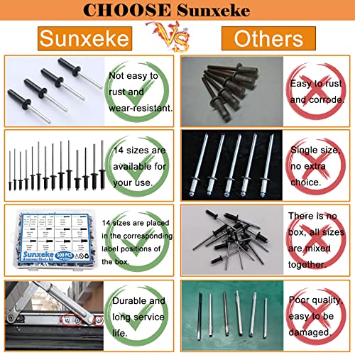 Sunxeke 500pcs Pop Rivets Aluminum Rivets Assortment Kit (3/32 1/8 5/32 3/16 1/4 inch),14 Sizes Assorted Blind Rivets for Assembling RV,Furniture and Plastic Frame Windows(Black)