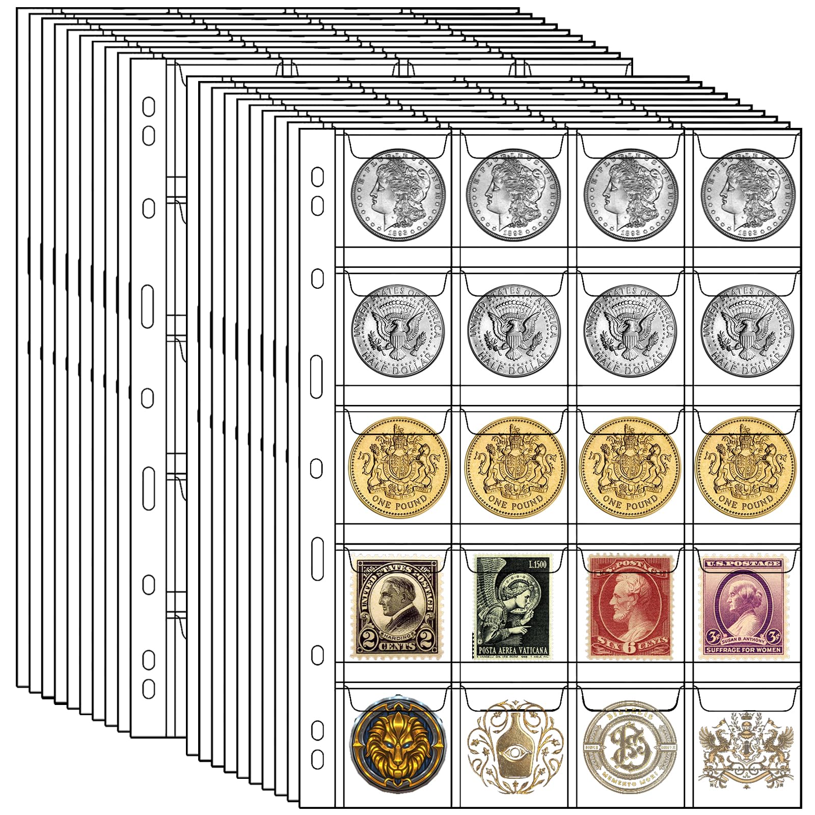 20 Sheets Coin Sleeves for Coin Album Binder, 20 Pocket Coin Protectors Pages, 9 Hole Coin Collection Pages Coin Pocket Holders for Currency, Stamp, Coin,etc