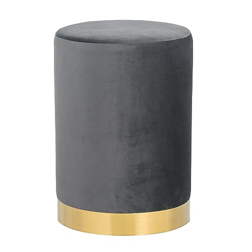 Adeco 11.61" Round Velvet Ottoman with Gold Metal Base, Upholstered Makeup Vanity Chair Soft Compact Padded Foot Rest Stool, Boucle Stool for Living Room Bedroom (Cement Grey)