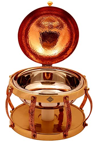 Indian Art Villa Steel Copper Chafing Dish with Designer Gel Stand, Buffet Warmer Serveware Party, Volume 64 Oz