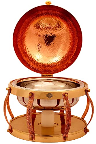 Indian Art Villa Steel Copper Chafing Dish with Designer Gel Stand, Buffet Warmer Serveware Party, Volume 64 Oz