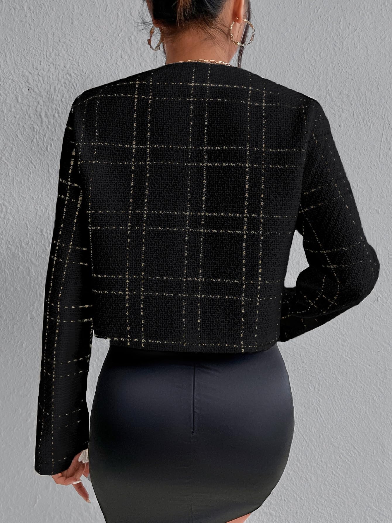 SweatyRocks Women's Plaid Long Sleeve Round Neck Button Down Crop Jacket Single Breasted Short Coat Top Black S