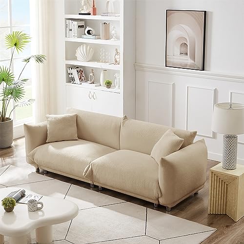 YM sky Modern Boucle Sofa for Living Room: 87 Inch Upholstered Teddy Velvet Couch with 2 Pillow- Comfy Modular Sofa with Metal Legs for Apartment Bedroom Office (Camel)