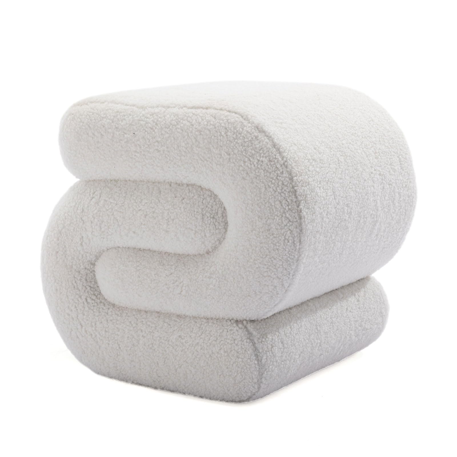 KIVENJAJA Sherpa Ottoman Stool, Modern S-Shaped Boucle Vanity Stool Pouf Ottoman Seat, Decorative Floor Chair Foot Stool for Makeup Room, Bedroom, Living Room (Teddy, White)