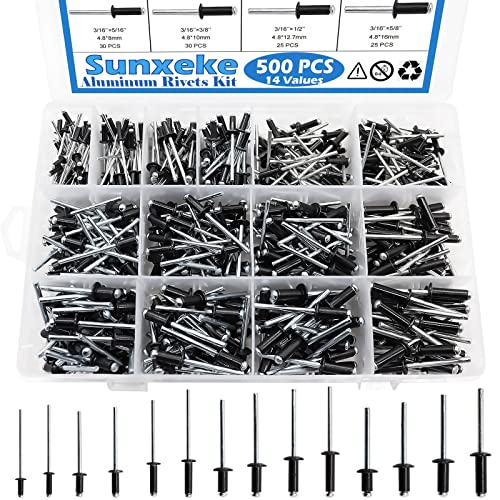 Sunxeke 500pcs Pop Rivets Aluminum Rivets Assortment Kit (3/32 1/8 5/32 3/16 1/4 inch),14 Sizes Assorted Blind Rivets for Assembling RV,Furniture and Plastic Frame Windows(Black)