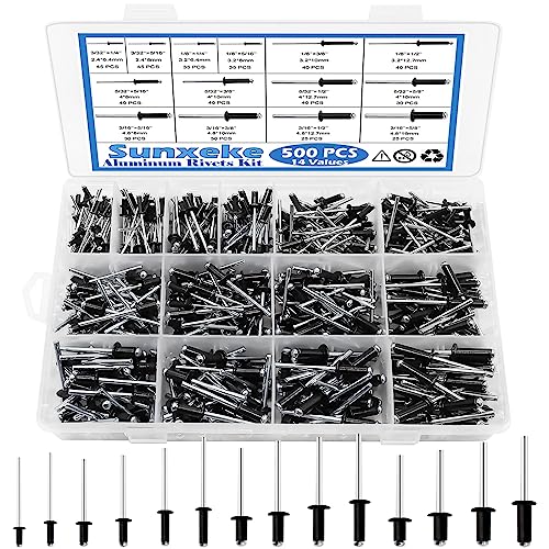 Sunxeke 500pcs Pop Rivets Aluminum Rivets Assortment Kit (3/32 1/8 5/32 3/16 1/4 inch),14 Sizes Assorted Blind Rivets for Assembling RV,Furniture and Plastic Frame Windows(Black)