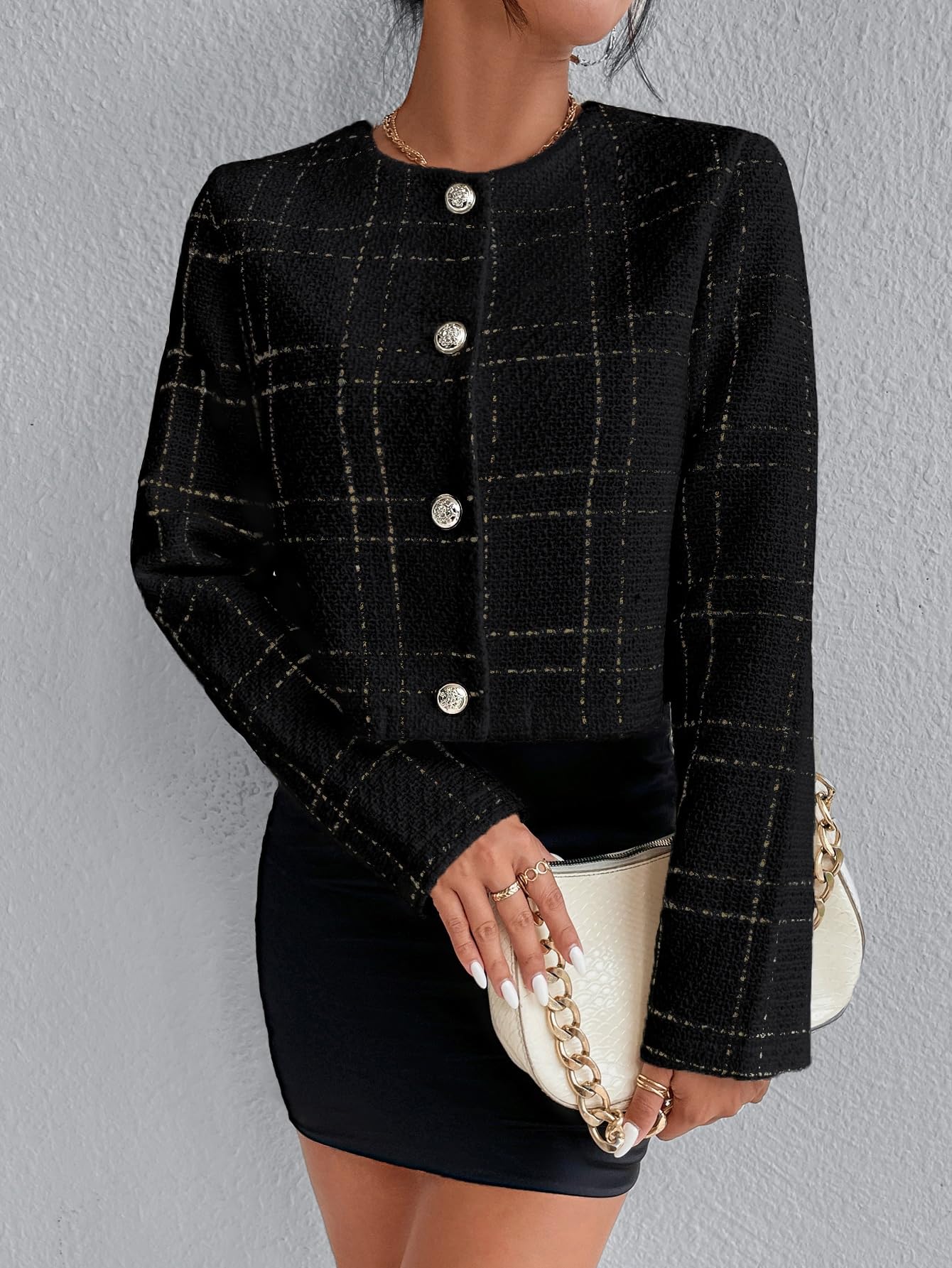SweatyRocks Women's Plaid Long Sleeve Round Neck Button Down Crop Jacket Single Breasted Short Coat Top Black S