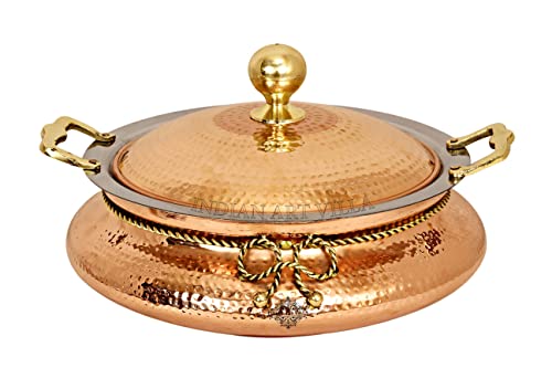 Indian Art Villa Steel Copper Hammered Chafing Dish With Brass Knob And Handles, Capacity - 8 Liters.