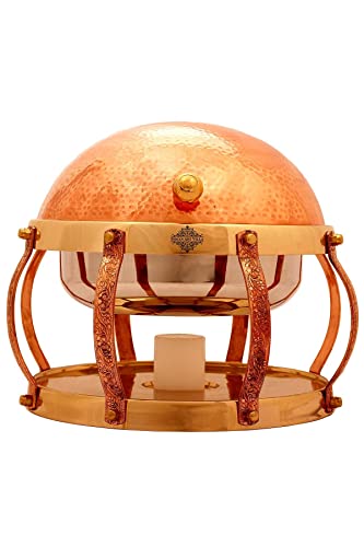 Indian Art Villa Steel Copper Chafing Dish with Designer Gel Stand, Buffet Warmer Serveware Party, Volume 64 Oz