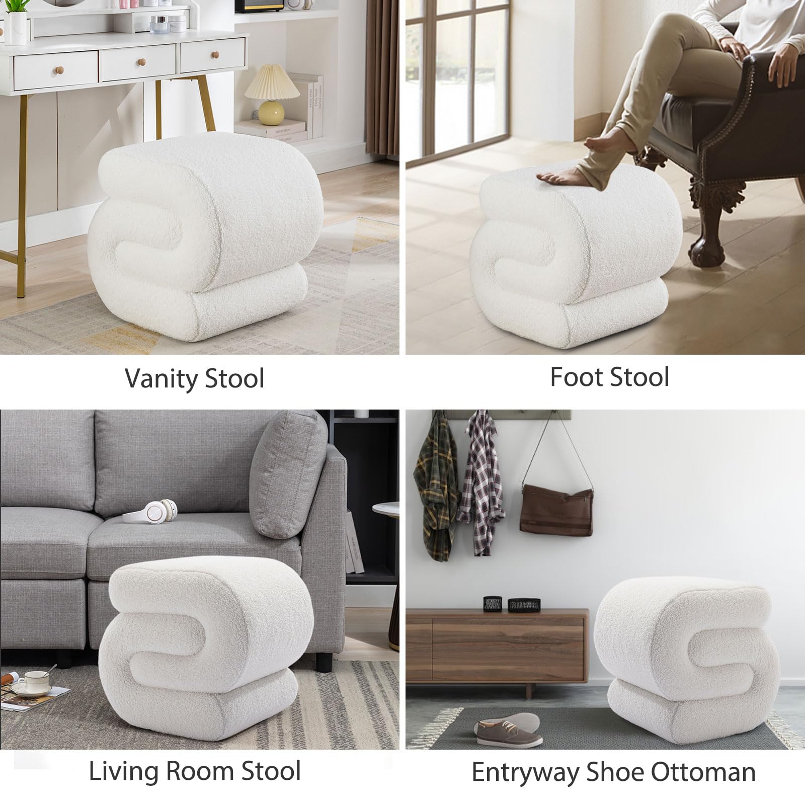 KIVENJAJA Sherpa Ottoman Stool, Modern S-Shaped Boucle Vanity Stool Pouf Ottoman Seat, Decorative Floor Chair Foot Stool for Makeup Room, Bedroom, Living Room (Teddy, White)