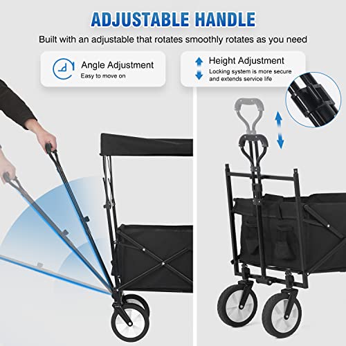 Folding Wagon Collapsible Wagon Garden Cart w/Removable Canopy Universal Wheels for Camping Picnic Outdoor Event,Black