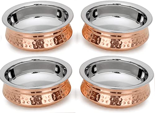 Zap Impex Copper Tableware Serving Bowl Indian Serveware Handi Set Tureen Copper Stainless Steel Serving Dishes (13 cm) set of 4