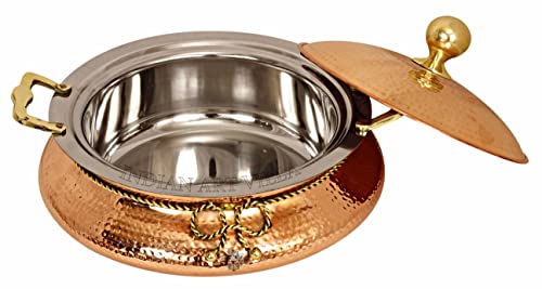 Indian Art Villa Steel Copper Hammered Chafing Dish With Brass Knob And Handles, Capacity - 8 Liters.