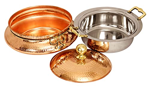 Indian Art Villa Steel Copper Hammered Chafing Dish With Brass Knob And Handles, Capacity - 8 Liters.
