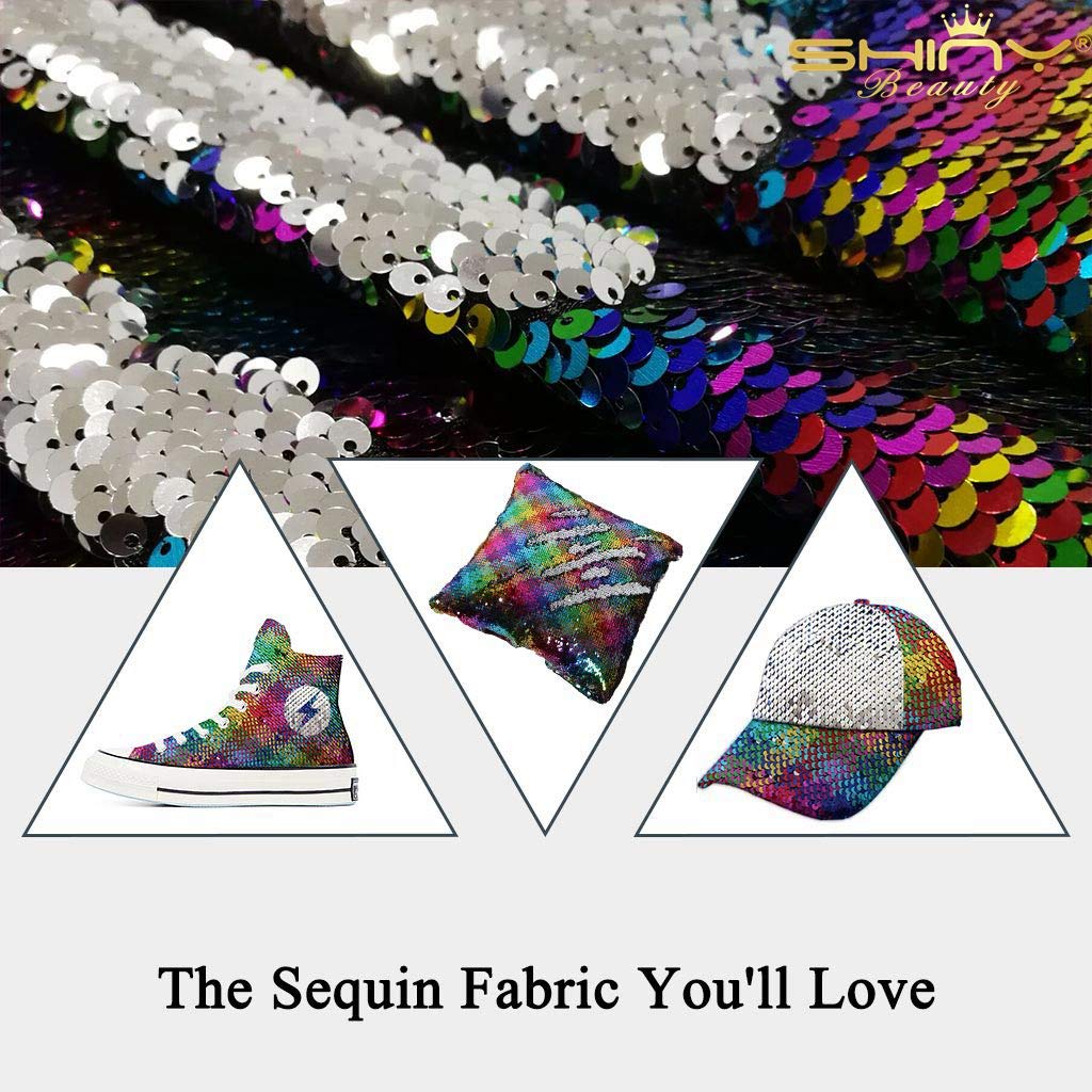 ShinyBeauty Rainbow to Silver Fabric by The Yard 1 Yards Mermaid Fabric Sequin Fabric Flip up Silver Reversible Fabrics for Sewing Glitter Material Cutting Dress/Clothing/Party Decor