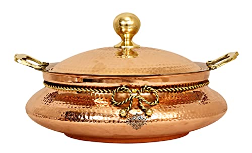 Indian Art Villa Steel Copper Hammered Chafing Dish With Brass Knob And Handles, Capacity - 8 Liters.