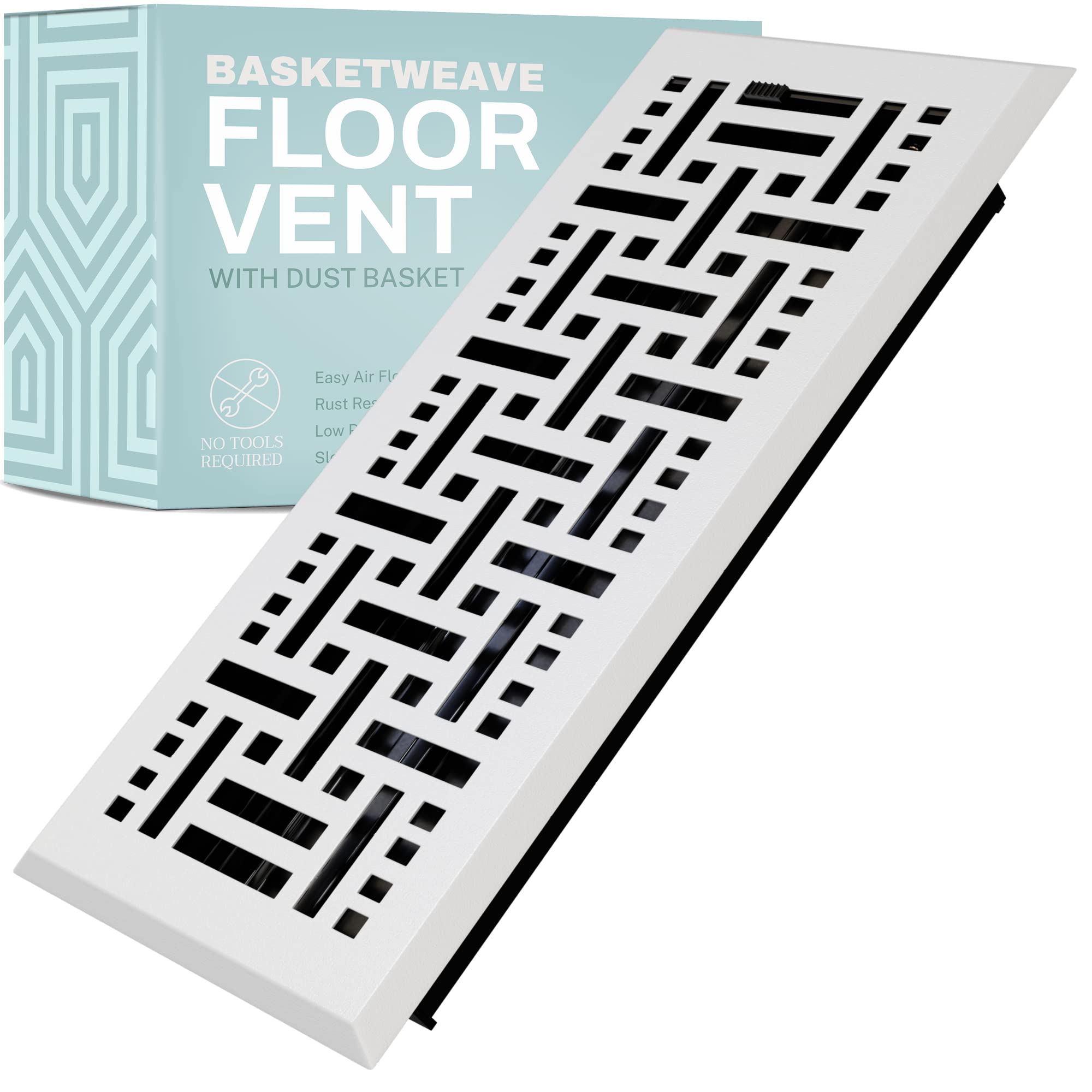 Home Intuition Basketweave Floor Vent Cover 2X12 Inch Floor Register with Mesh Cover Trap Heat and Air Walkable Metal Floor Vent for HVAC Duct, White