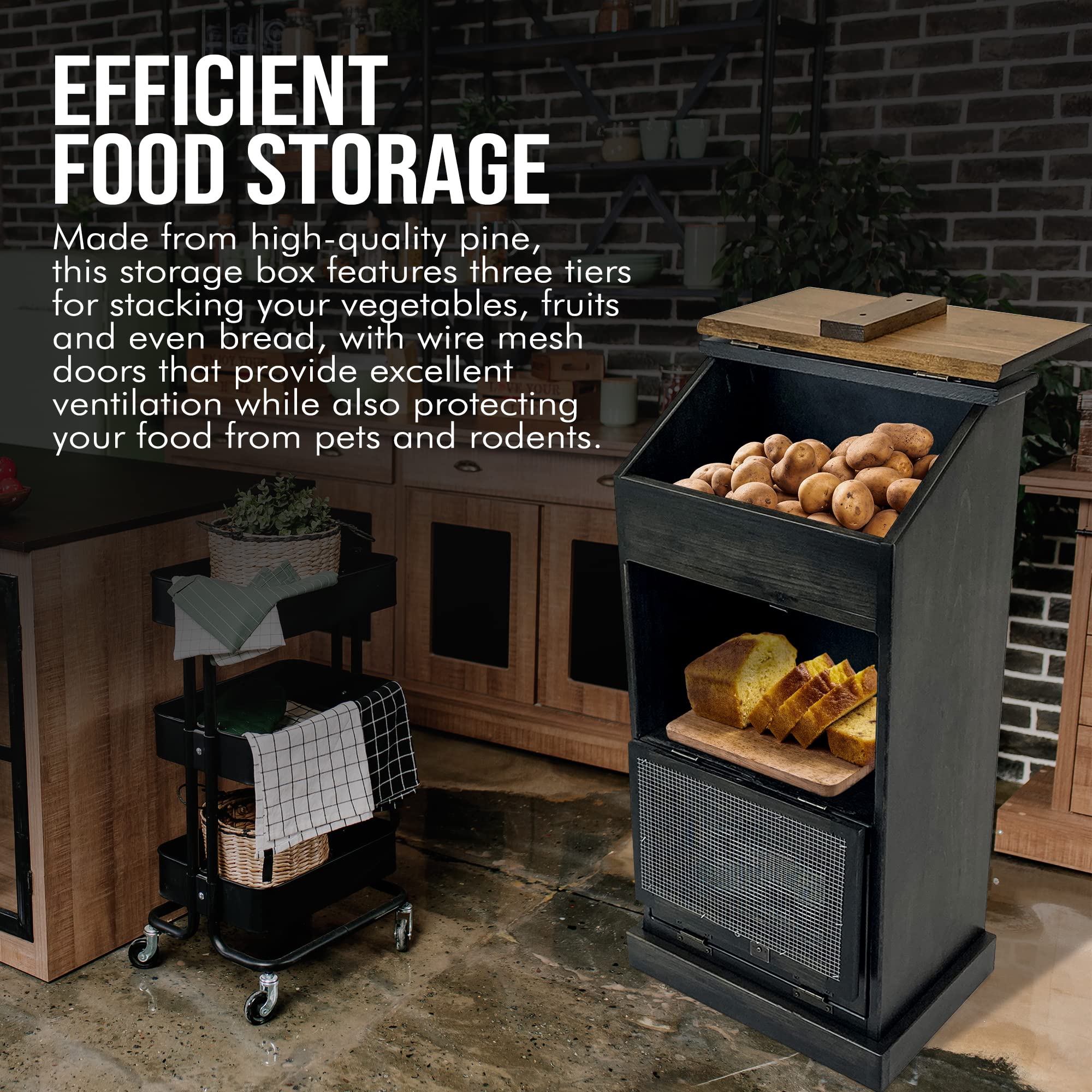 Peaceful Classics Potato Storage Wood Box, Wooden Bread Storage Bins, Decorative Potato and Onion Storage Bin, Potato Bin w/Grocery Section, Wooden Vegetable Storage w/Lid for Kitchen Pantry, Mocha