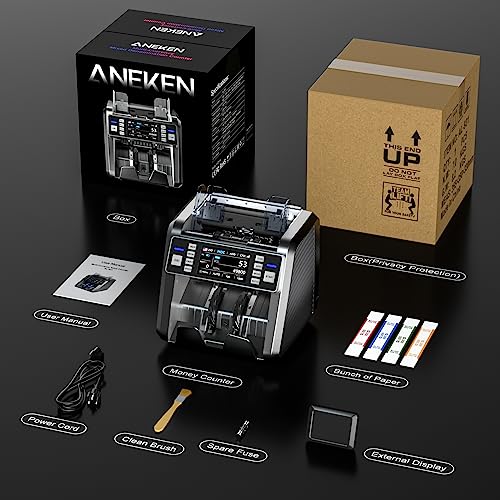 Aneken Mixed Denomination Money Counter Machine, Value Counting, Mixed Counting with 2 CIS/UV/MG/IR/DD/DBL/HLF/CHN, Counterfeit Bill Detection, Cash Counter with Touch Screen
