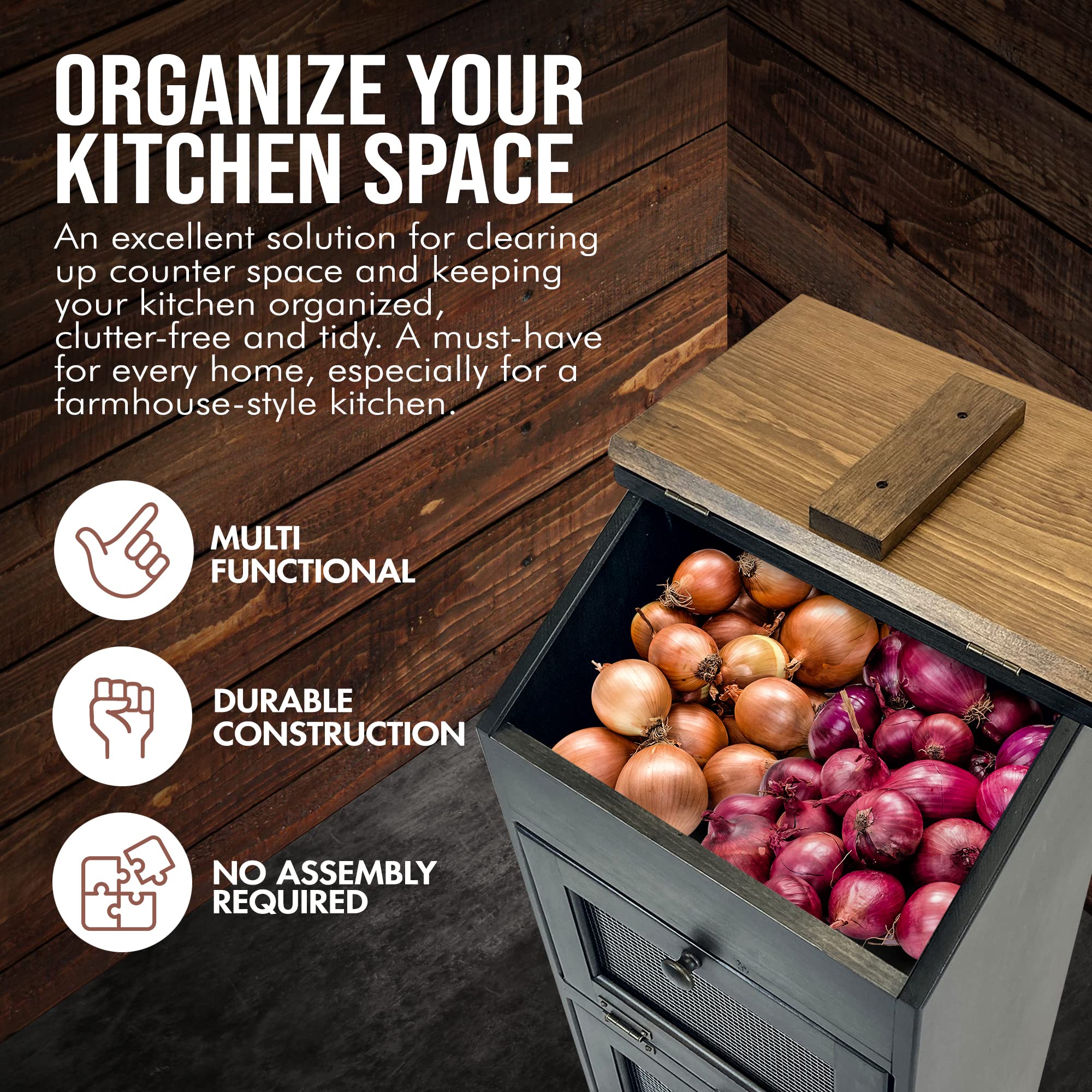 Peaceful Classics Potato Storage Wood Box, Wooden Bread Storage Bins, Decorative Potato and Onion Storage Bin, Potato Bin w/Grocery Section, Wooden Vegetable Storage w/Lid for Kitchen Pantry, Mocha