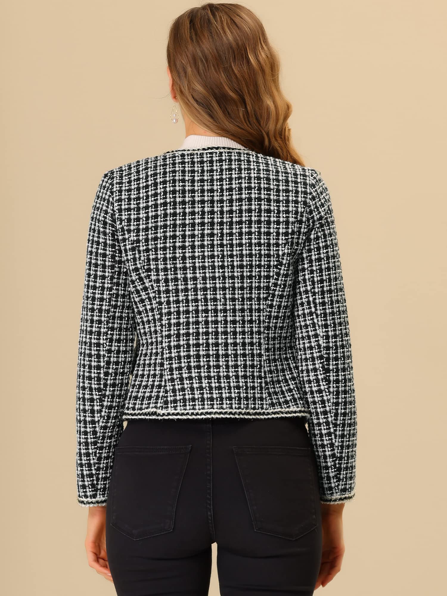 Allegra K Women's Christmas Plaid Tweed Blazer Long Sleeve Open Front Work Office Short Jacket Medium Black